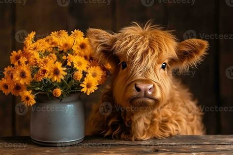 Cute Baby Highland Cow On Vase Spring Flowers Stock Photo At