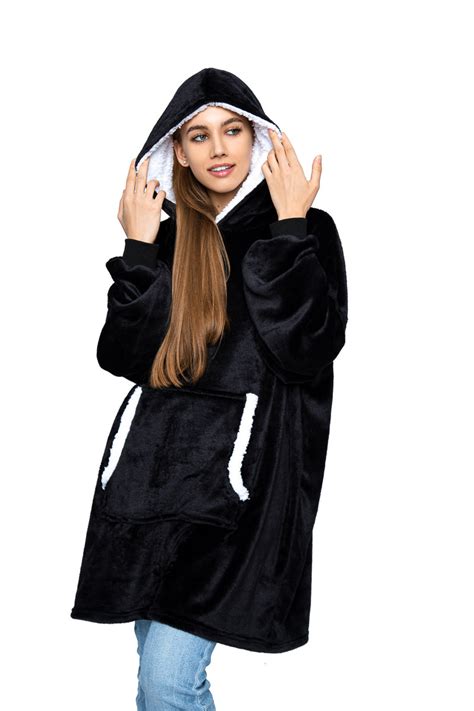 Kocobluza Ciepła Bluza Koc Oversize Xxl 2W1 Gruba Futrzak Czarna