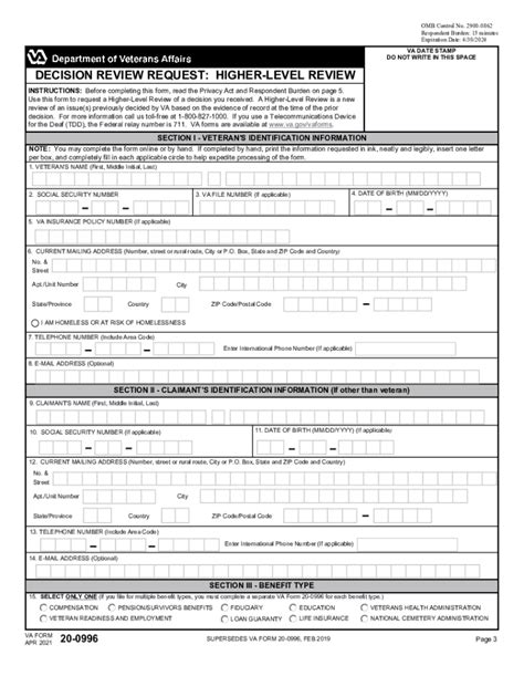 Fillable Online PDF VA Form 20 0996 The Senior Veterans Service
