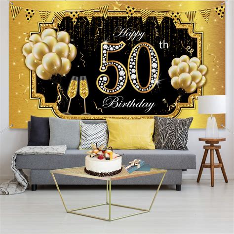 Happy Th Birthday Backdrop Banner Extra Large Fabric Black Gold