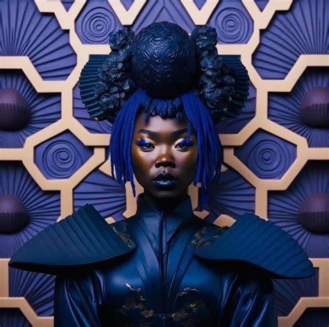 A Woman With Blue Hair And Black Makeup Is Standing In Front Of A