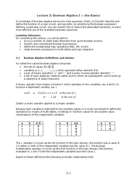 lecture 3 boolean algebra i the basics learning outcomes pdf boolean algebra teaching
