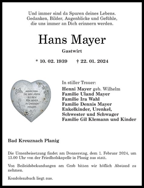 Traueranzeigen Von Hans Mayer Rz Trauer De
