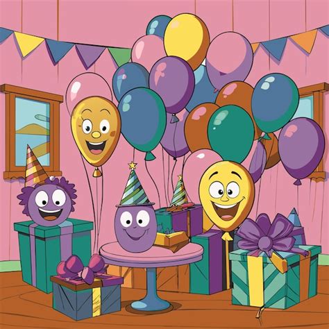 Una ilustración de dibujos animados de una fiesta de cumpleaños con