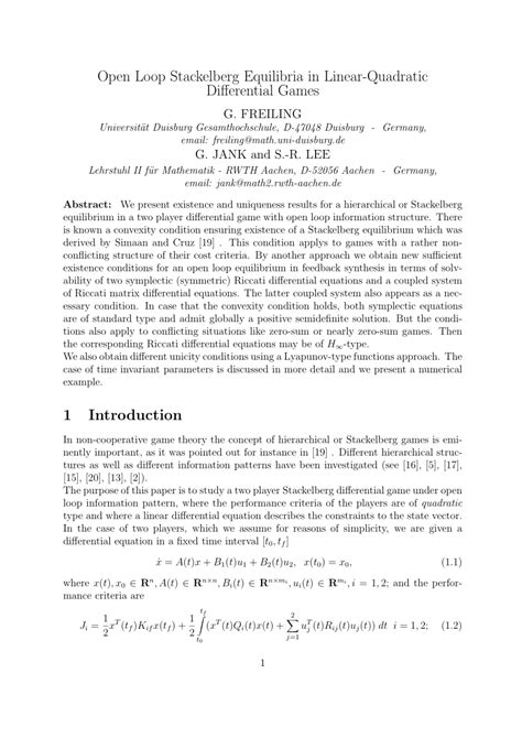 pdf existence and uniqueness of open loop stackelberg equilibria in linear quadratic