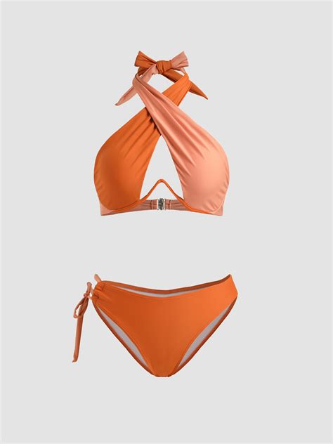 Two Tone Criss Cross Underwire Bikini Set Cider