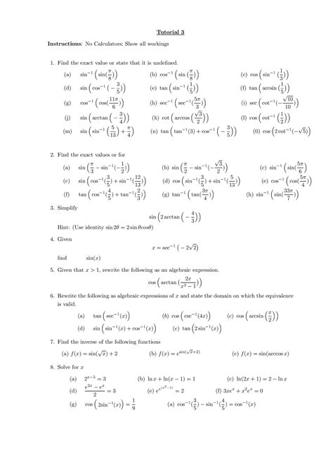 tutorial 3 math131 tut work tutorial 3 instructions no calculators show all workings find