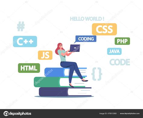 programmer tiny female character sit on huge textbooks pile work on laptop developing