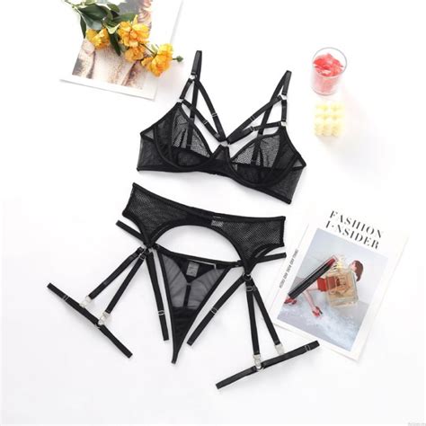 Sexy Netzbandage BH Höschen Strumpfgürtel 3 teiliges Set Unterwäsche