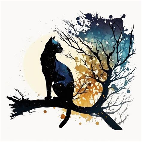 Hay un gato sentado en la rama de un árbol con una luna llena en el