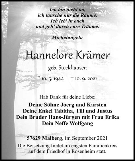 Traueranzeigen von Hannelore Krämer rz trauer de