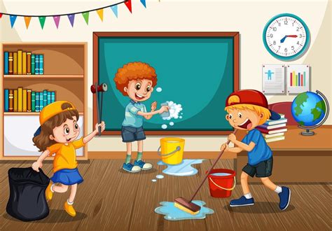 Scene With Students Cleaning Classroom Together Vector Art At