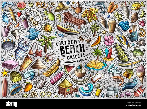 Colorful Vector Hand Drawn Doodle Cartoon Set Of Summer Beach Theme