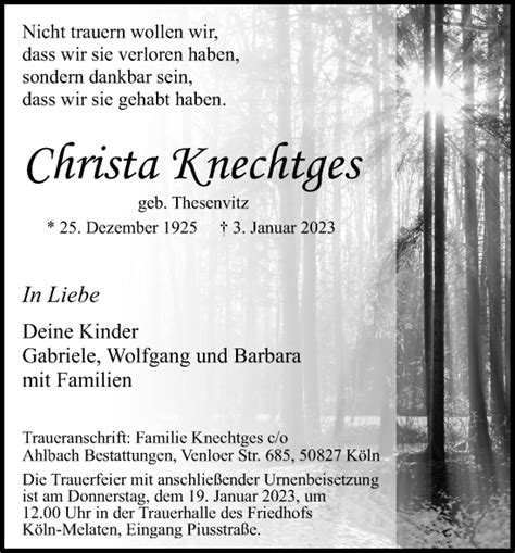 Traueranzeigen Von Christa Knechtges WirTrauern