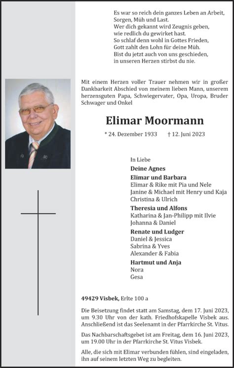 Traueranzeigen Von Elimar Moormann Om Trauer De