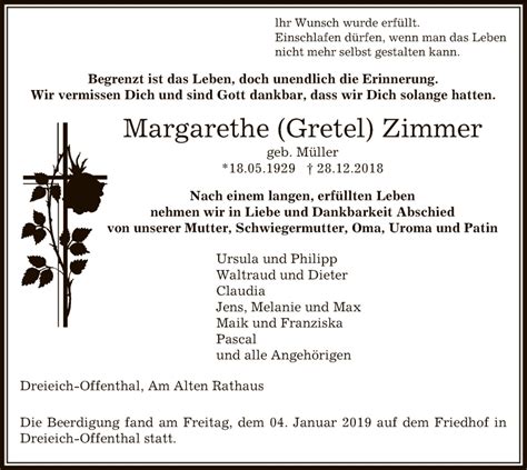 Traueranzeigen Von Margarethe Zimmer Trauer Op Online De