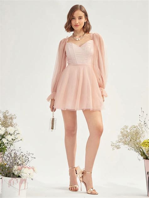SHEIN ENCHNT Gola Sweetheart Manga Flare Vestido Sobreposição De