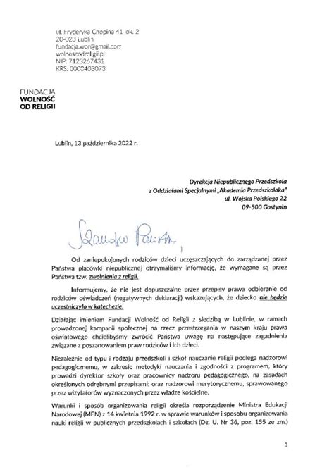 Pismo Interwencyjne Do Dyrekcji Przedszkola Niepublicznego Akademia