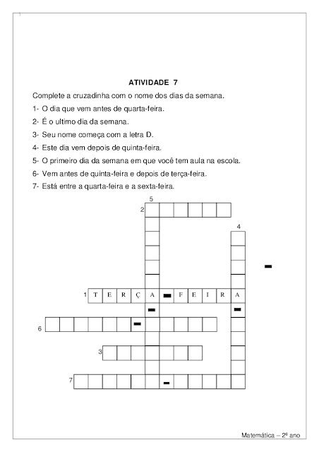 Atividades para imprimir do 3º ao 5º anos sempre a mão Cruzadinha dias