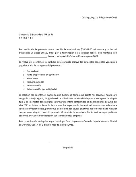 Carta De Liquidacion Laboral
