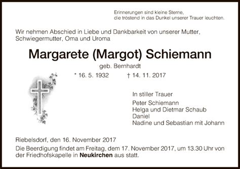 Traueranzeigen Von Margarete Margot Schiemann Trauer HNA De