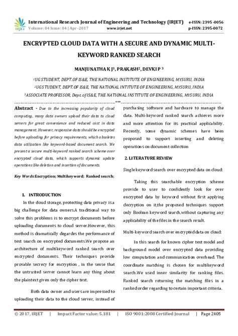 pdf encrypted cloud data with a secure and dynamic multi keyword ranked search irjet