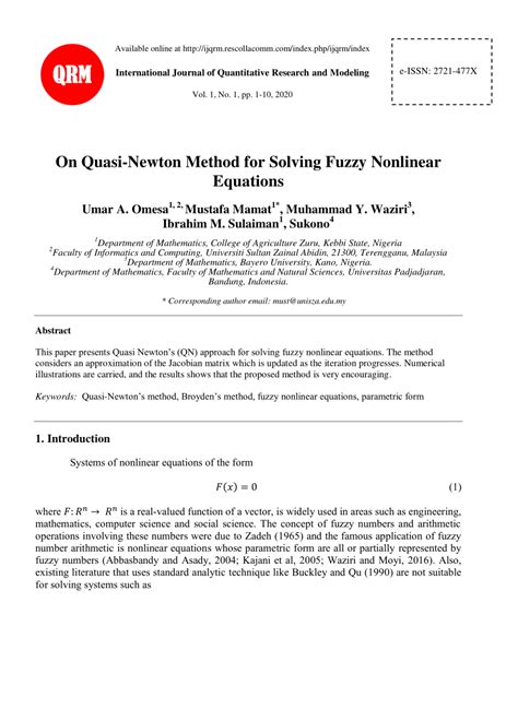 pdf on quasi newton method for solving fuzzy nonlinear equations