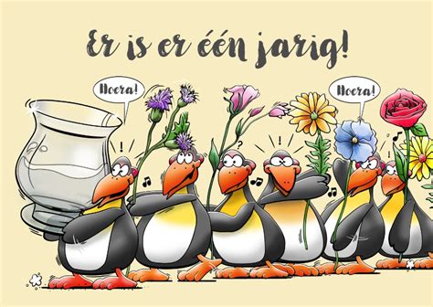 Verjaardagskaart met 6 pinguïns vaas Kaartje2go