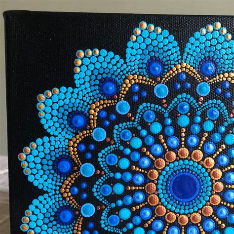 Vibrant Dot Mandala On Black Stretched Canvas X In Shades Of Blue