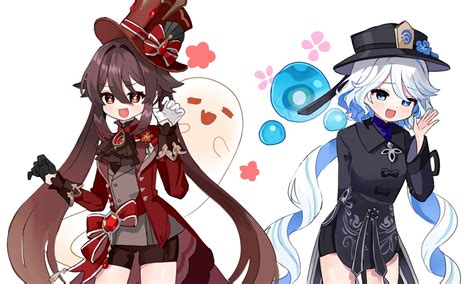 Hu Tao Furina Boo Tao And Hydro Eidolon Genshin Impact Drawn By