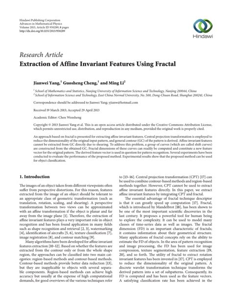 research article extraction of affine invariant features using fractal jianwei yang guosheng cheng