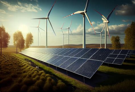 Turbinas eólicas e painéis solares cultivam em um campo energia verde