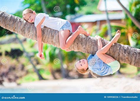 Petites Filles Adorables à La Plage Tropicale Ayant L amusement Sur Le