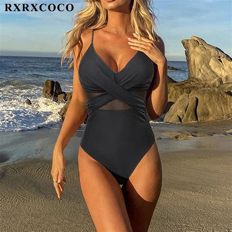 RXRXCOCO Women One Piece Swimsuit See Through Solid Black Women S