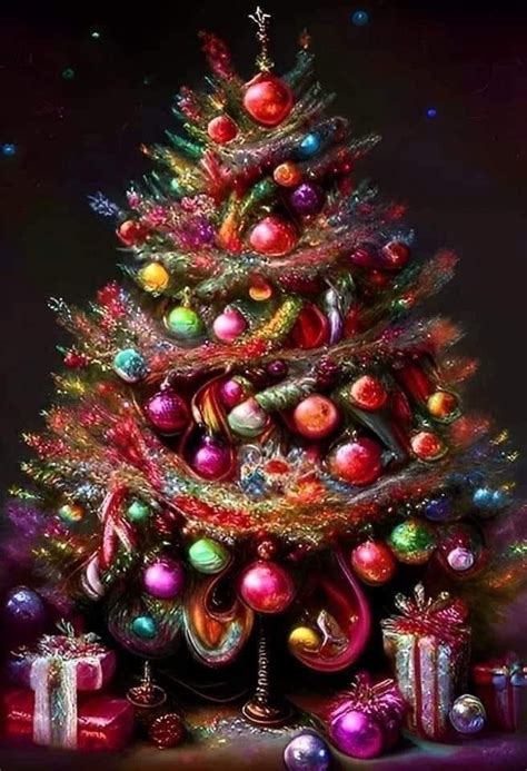 A Brightly Colored Christmas Tree With Presents Under It And Lights On