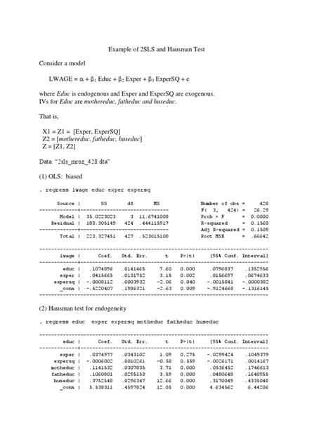 example of 2sls and hausman test pdf coefficient of determination errors and residuals