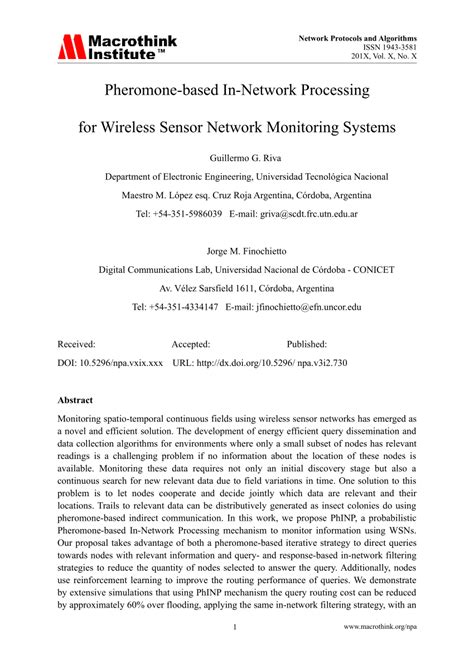 pdf pheromone based in network processing for wireless sensor network monitoring systems