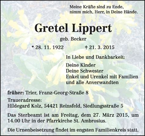 Traueranzeigen Von Gretel Lippert Volksfreund Trauer De