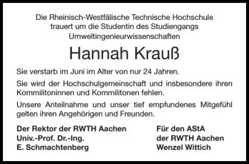 Traueranzeigen von Hannah Krauß Aachen gedenkt