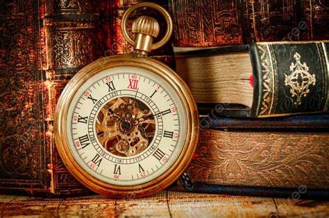 Reloj De Bolsillo Antiguo Vintage En El Fondo De Libros Antiguos E