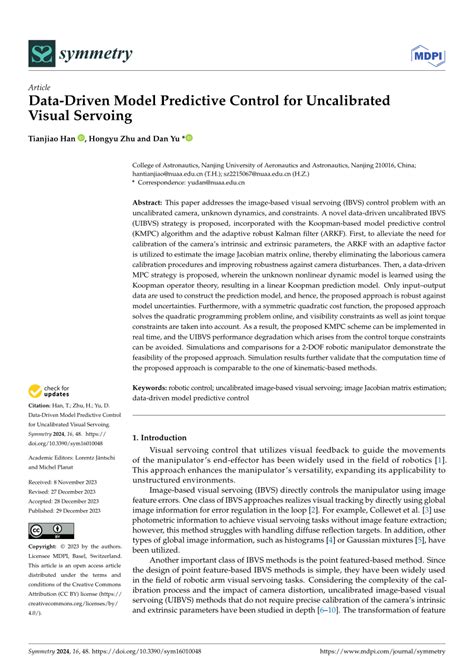 pdf data driven model predictive control for uncalibrated visual servoing
