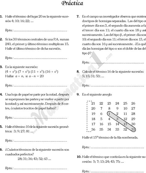 SUCESIONES NUMÉRICAS EN RAZONAMIENTO MATEMÁTICO EJERCICIOS Y PROBLEMAS
