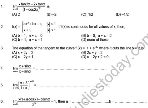 jee mathematics limits continuity and differentiability mcqs set a multiple choice questions