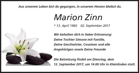 Traueranzeigen Von Marion Zinn Vrm Trauer De
