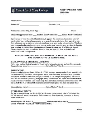 Fillable Online Asset Verification Form 20152016 Student Name Student