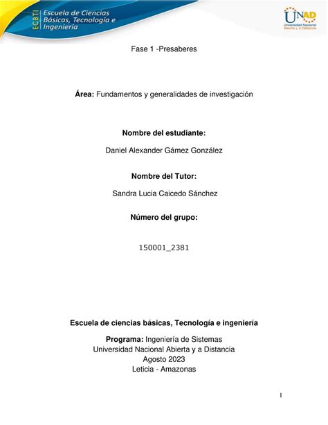 FASE 1 Daniel Gamez trabajo de la fase 1 Fase 1 Presaberes Área