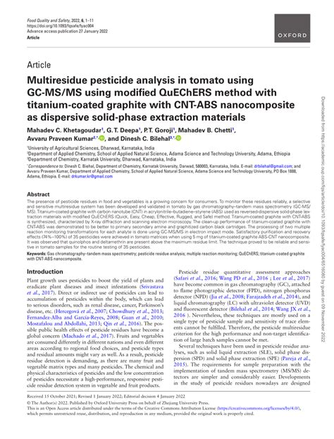 pdf multiresidue pesticide analysis in tomato using gc ms ms using