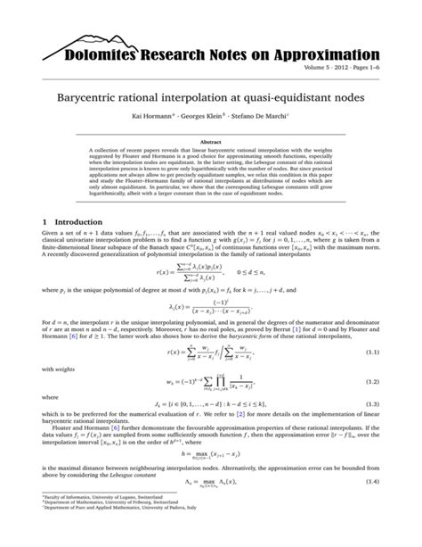 barycentric rational interpolation at quasi equidistant nodes kai hormann · georges klein