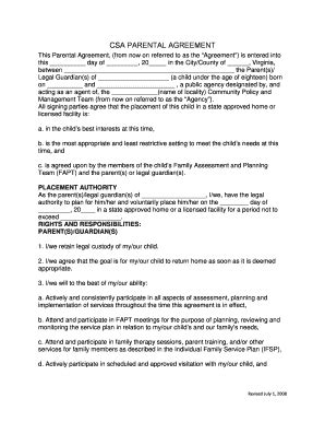 Fillable Online CSA PARENTAL AGREEMENT Fax Email Print PdfFiller