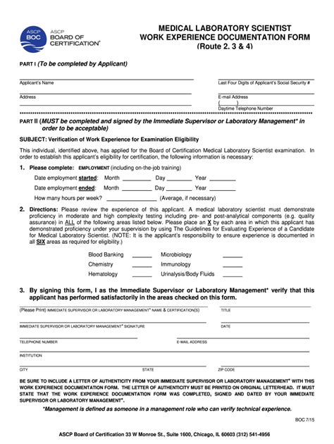 2015 ASCP Medical Laboratory Scientist Work Experience Documentation